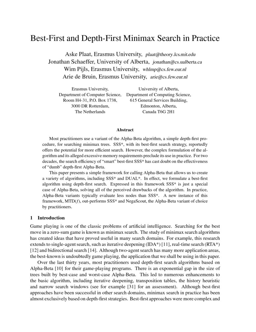 Best-First and Depth-First Minimax Search in Practice | DeepAI