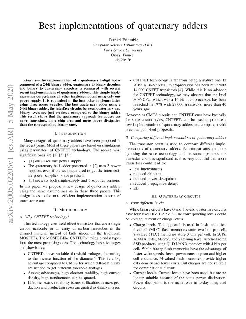 Best implementations of quaternary adders | DeepAI