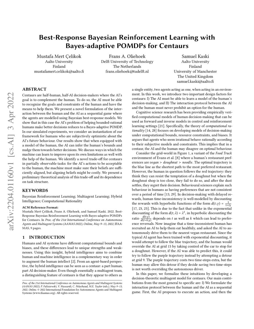 Best-Response Bayesian Reinforcement Learning with Bayes-adaptive POMDPs for Centaurs | DeepAI