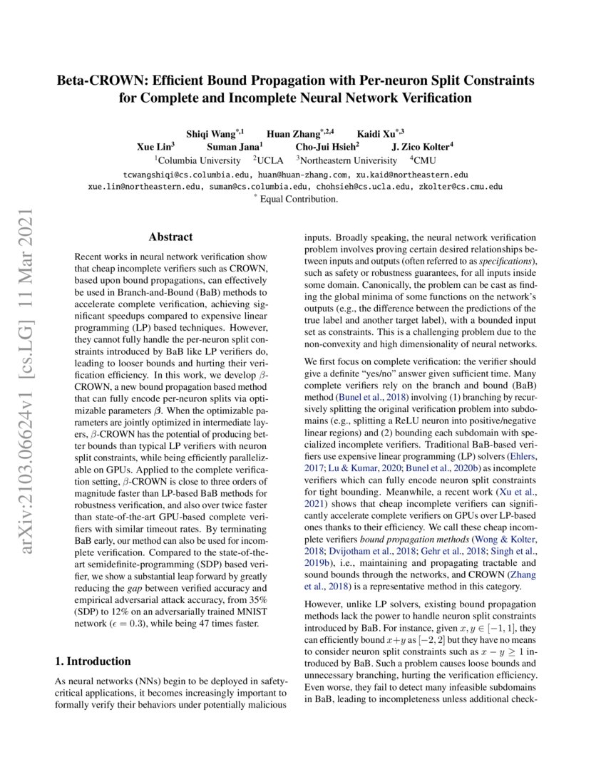 Beta-CROWN: Efficient Bound Propagation with Per-neuron Split Constraints for Complete and ...