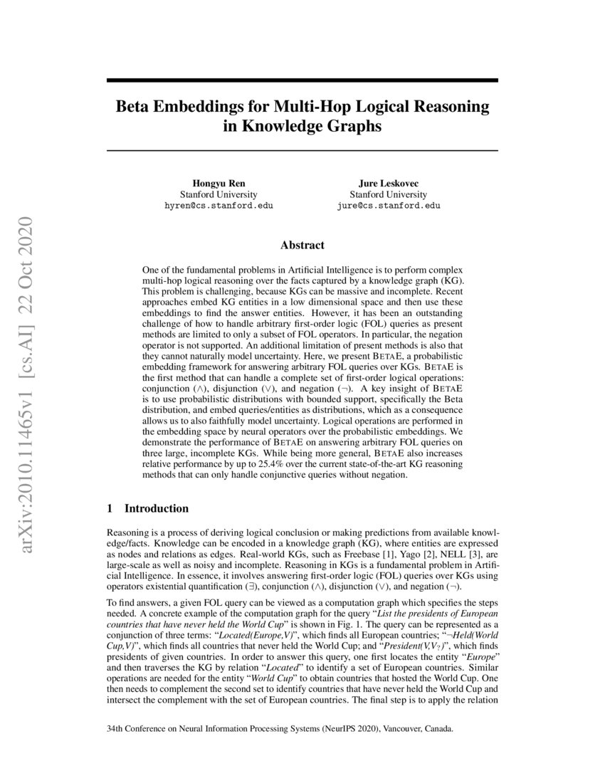 Beta Embeddings for Multi-Hop Logical Reasoning in Knowledge Graphs ... Beta Embeddings for Multi-Hop Logical Reasoning in Knowledge Graphs ...
