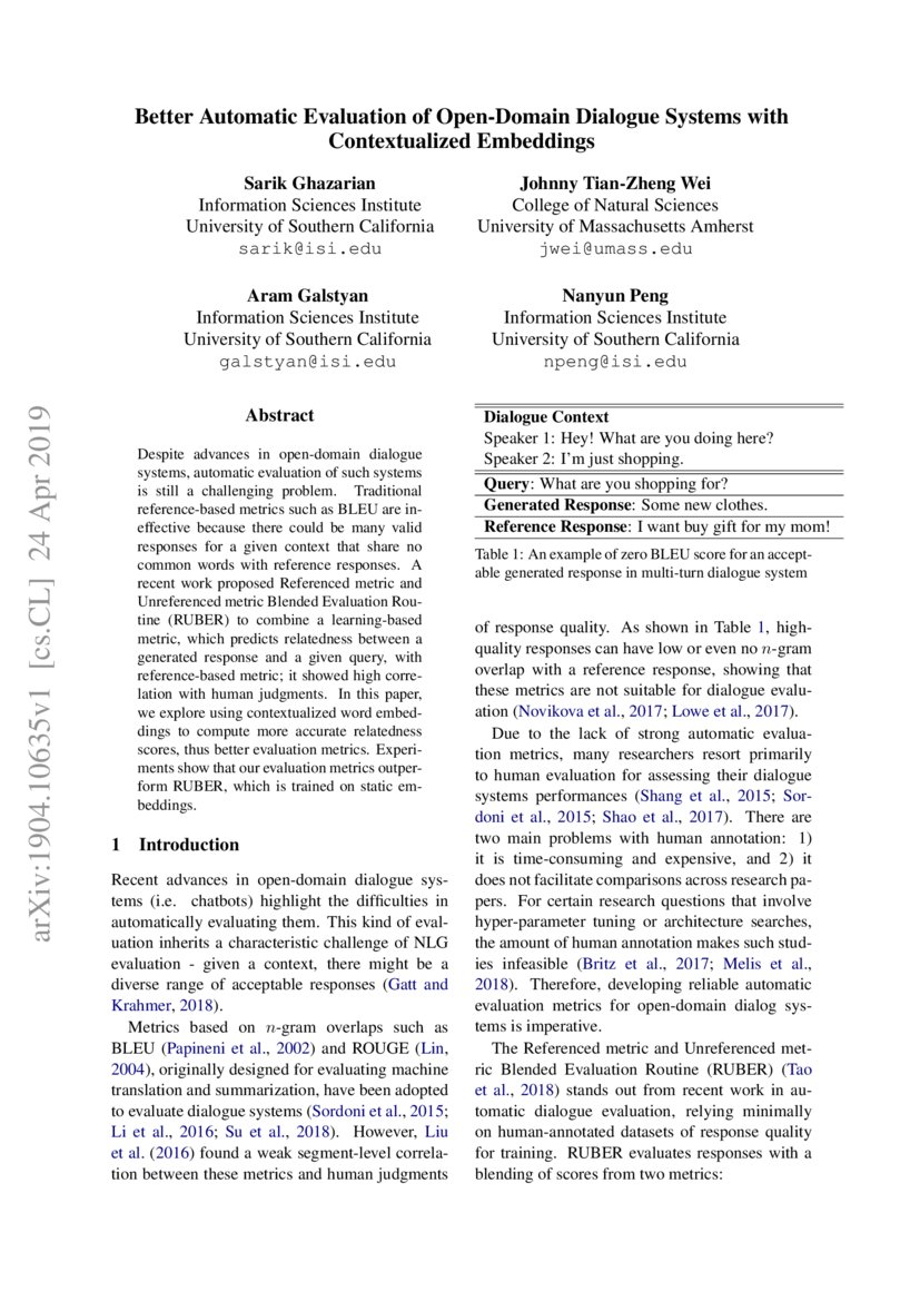 Better Automatic Evaluation Of Open Domain Dialogue Systems With Contextualized Embeddings Deepai 4201