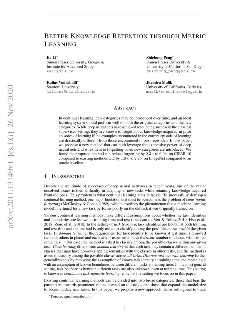 Better Knowledge Retention through Metric Learning | DeepAI