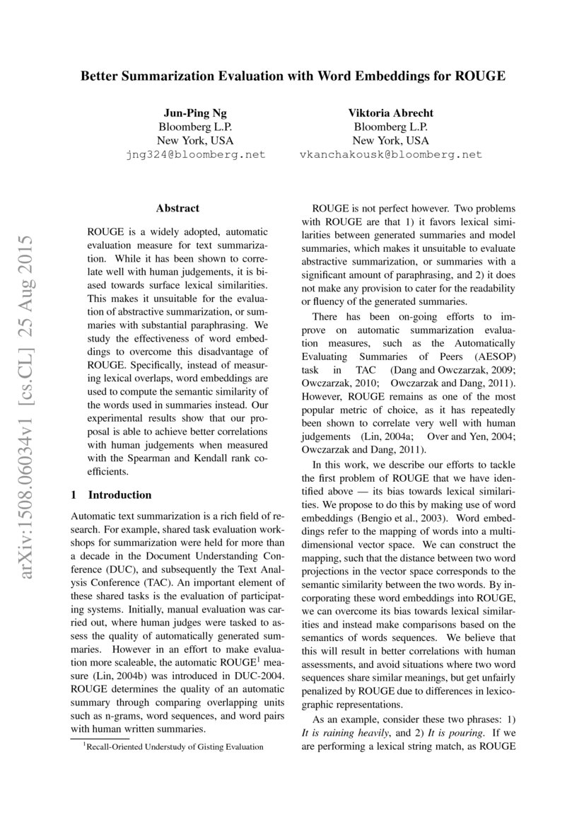Better Summarization Evaluation With Word Embeddings For Rouge Deepai