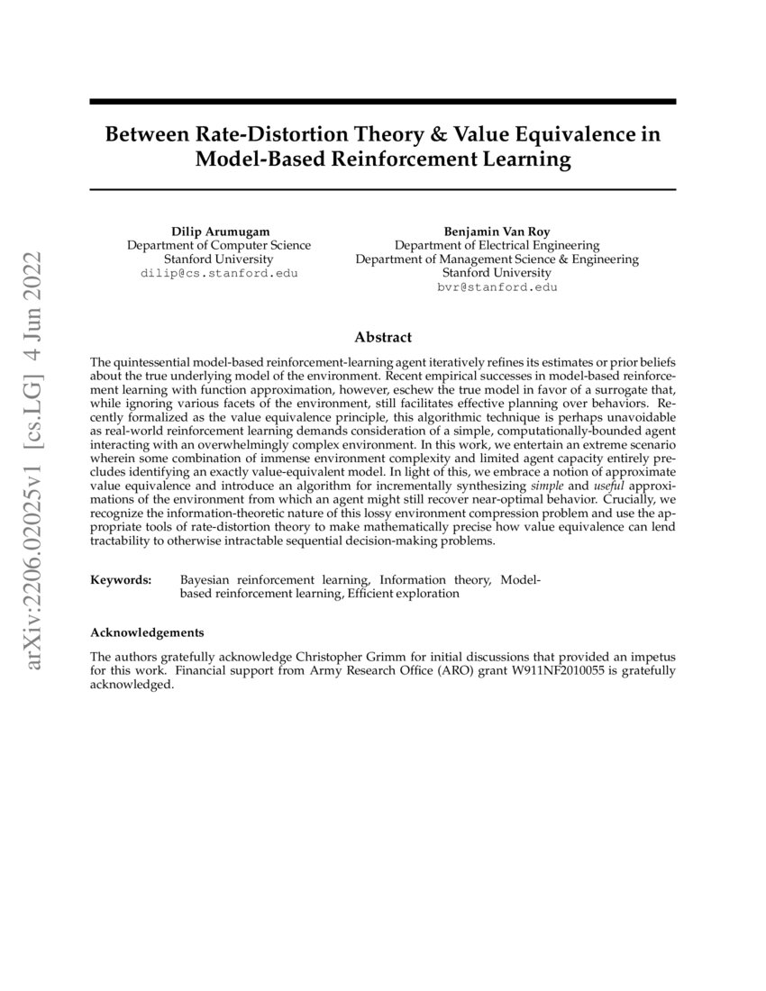 Between Rate-Distortion Theory Value Equivalence in Model-Based Reinforcement Learning | DeepAI