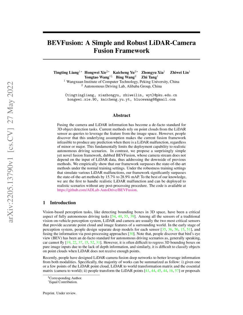 Bevfusion A Simple And Robust Lidar Camera Fusion Framework Deepai
