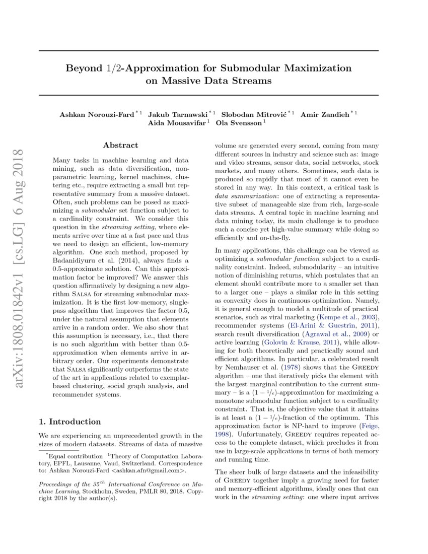 Beyond 1 2 Approximation For Submodular Maximization On Massive Data Streams Deepai