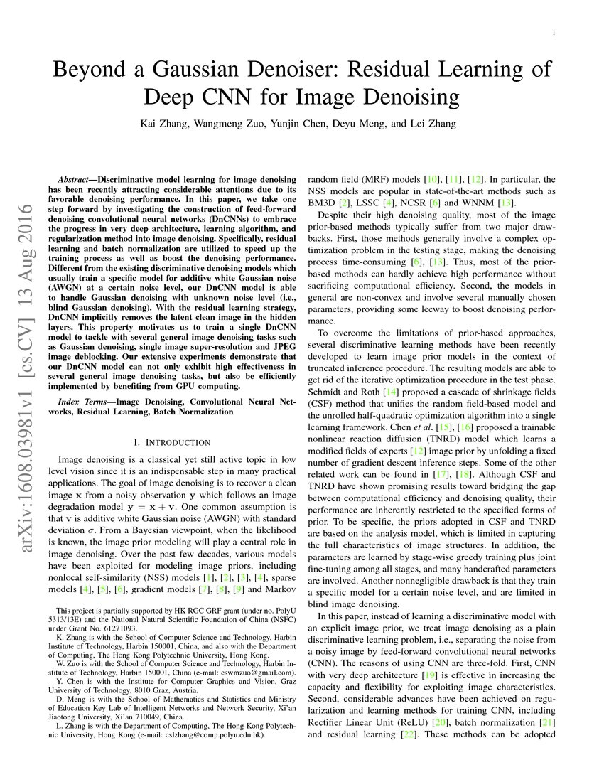 Beyond A Gaussian Denoiser Residual Learning Of Deep Cnn For Image Denoising Deepai