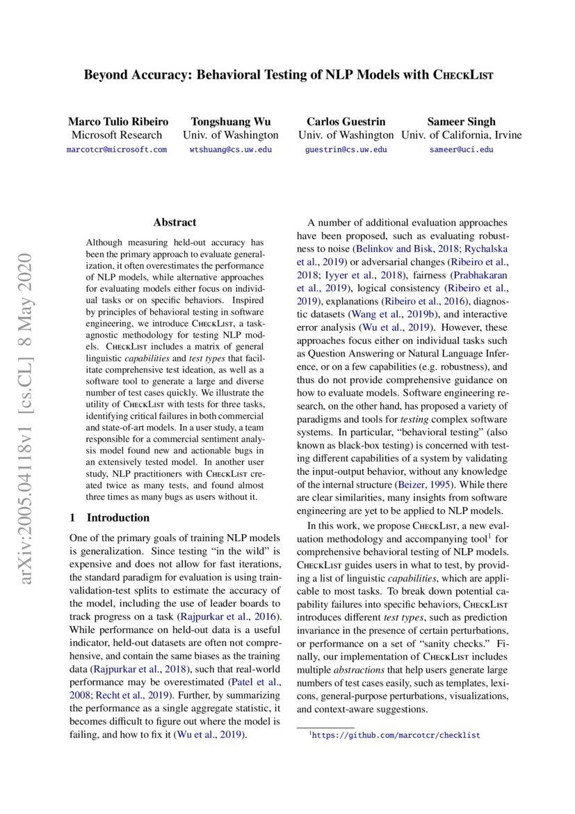 Beyond Accuracy Behavioral Testing Of Nlp Models With Checklist Deepai 
