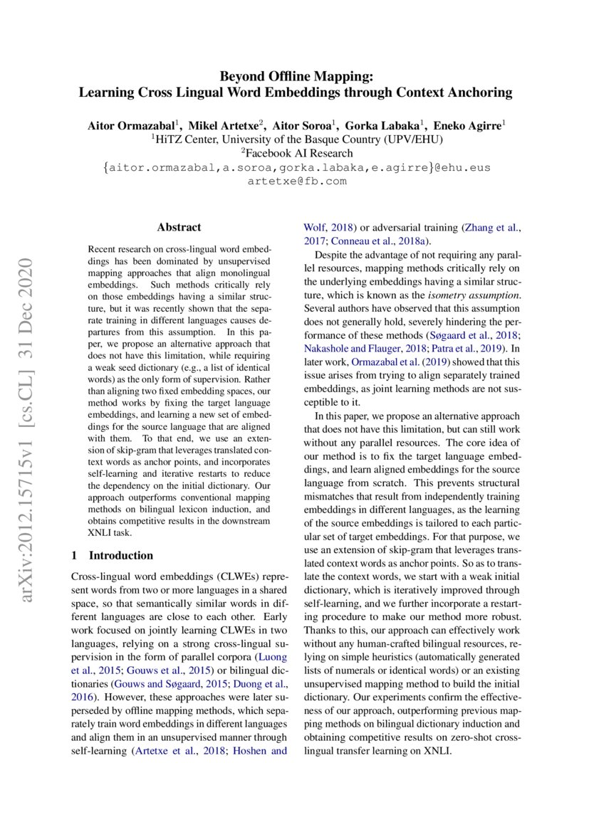 Beyond Offline Mapping Learning Cross Lingual Word Embeddings Through Context Anchoring Deepai
