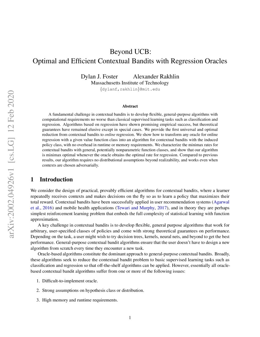 Beyond UCB: Optimal and Efficient Contextual Bandits with Regression Oracles | DeepAI