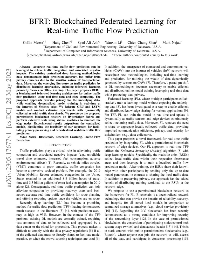 Bfrt Blockchained Federated Learning For Real Time Traffic Flow Prediction Deepai