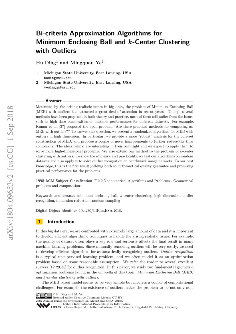 Bi Criteria Approximation Algorithms For Minimum Enclosing Ball And K Center Clustering With 9311