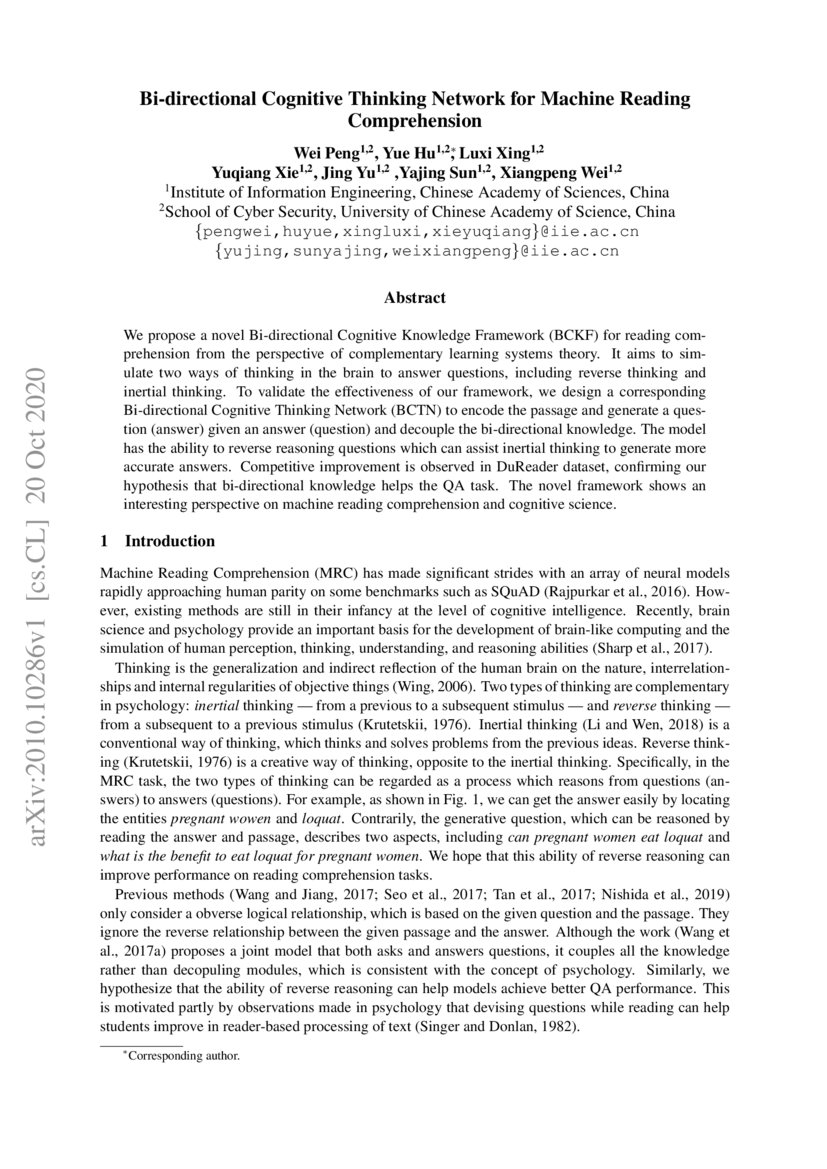 Bi-directional Cognitive Thinking Network for Machine Reading Comprehension | DeepAI