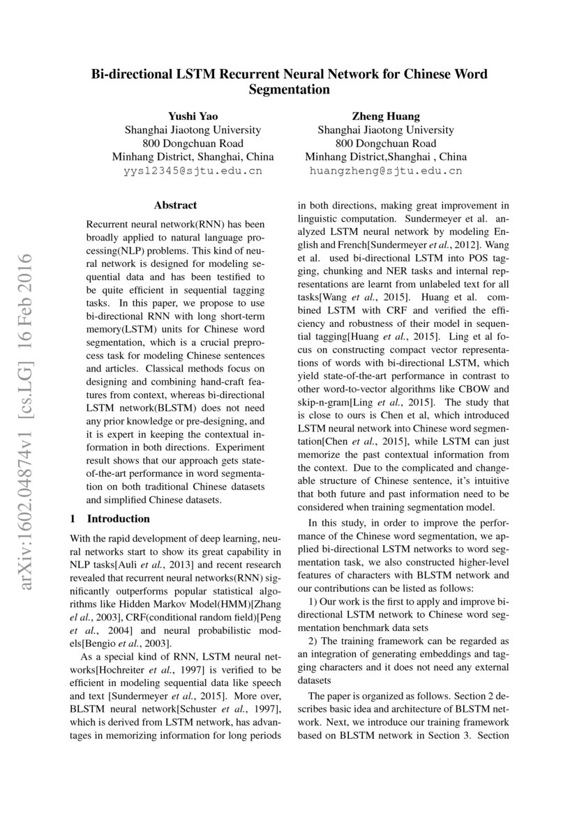 Bi Directional Lstm Recurrent Neural Network For Chinese Word Segmentation Deepai