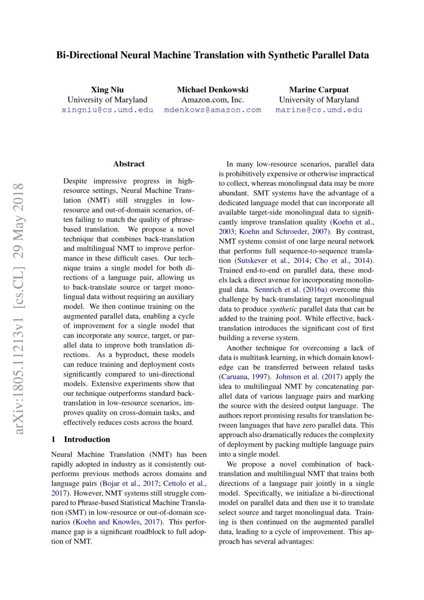 Bi-Directional Neural Machine Translation with Synthetic Parallel Data | DeepAI