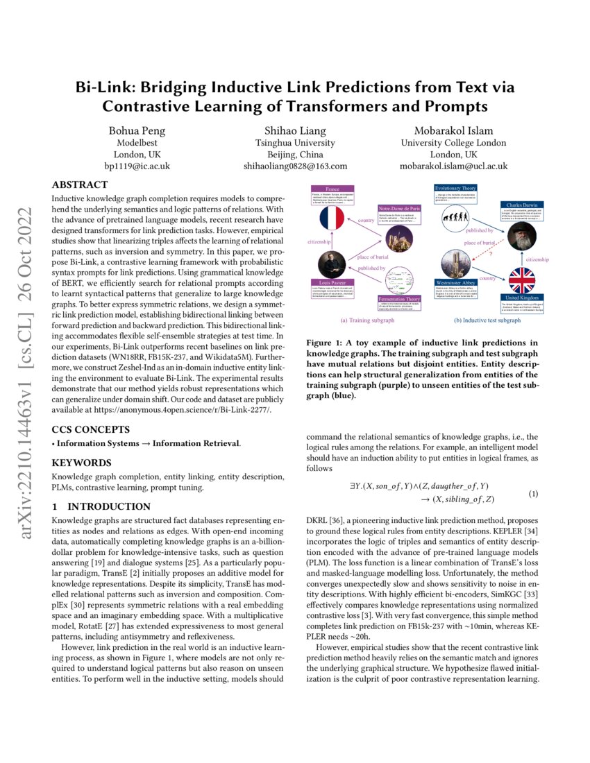 Bi Link Bridging Inductive Link Predictions From Text Via Contrastive Learning Of Transformers 