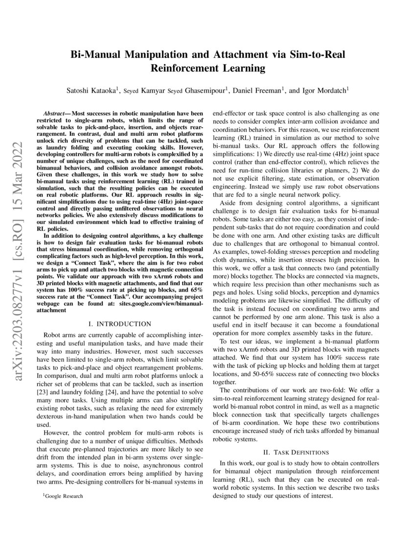 Bi Manual Manipulation And Attachment Via Sim To Real Reinforcement Learning Deepai