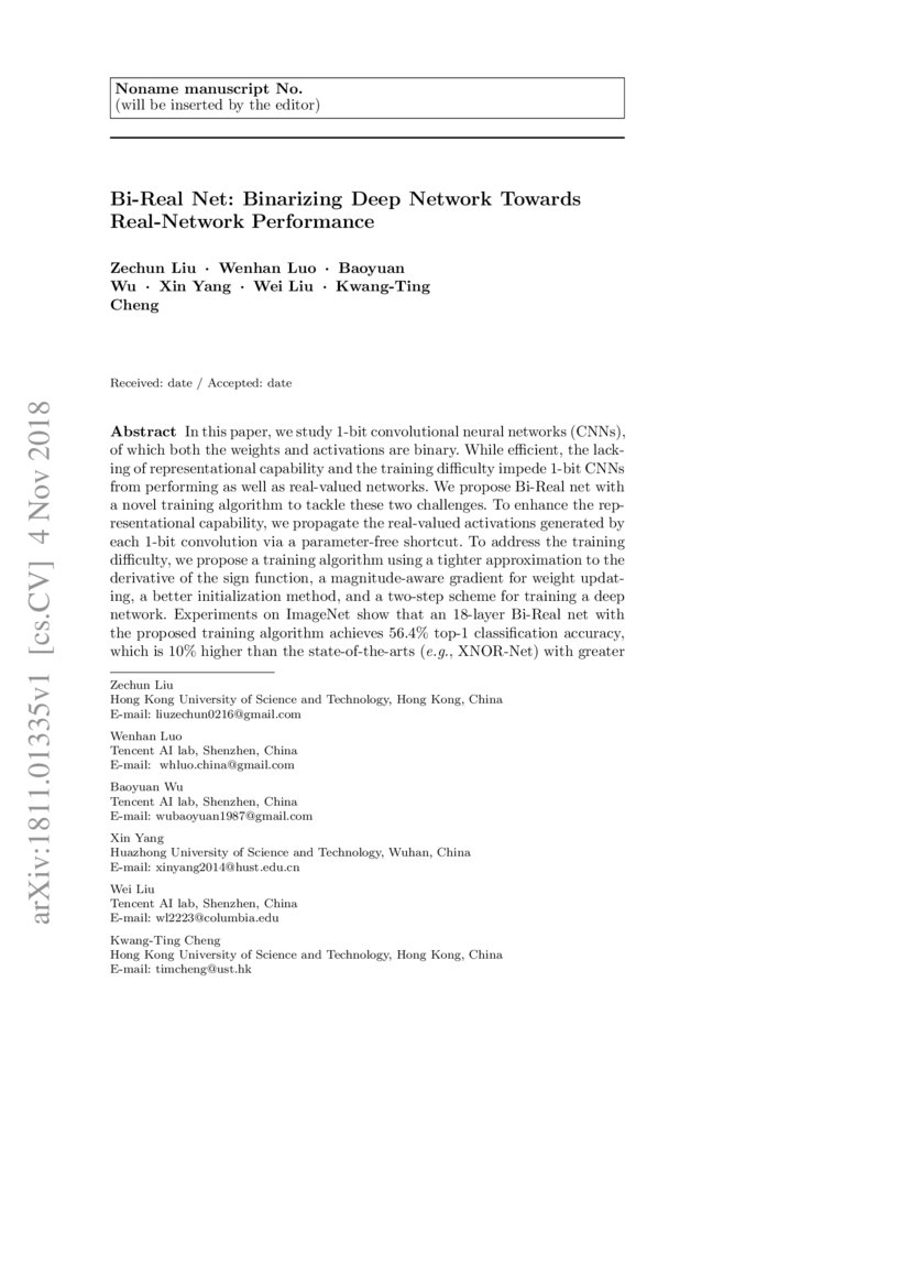 Bi Real Net Binarizing Deep Network Towards Real Network Performance Deepai