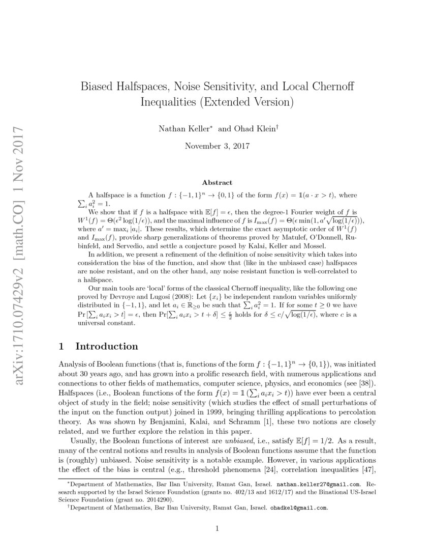 Biased Halfspaces Noise Sensitivity And Relative Chernoff Inequalities Extended Version Deepai