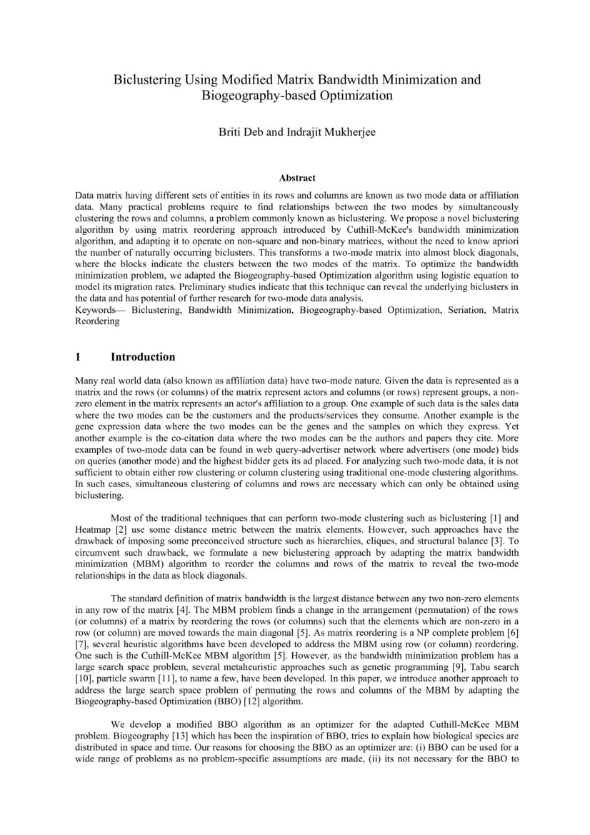 Biclustering Using Modified Matrix Bandwidth Minimization And Biogeography Based Optimization