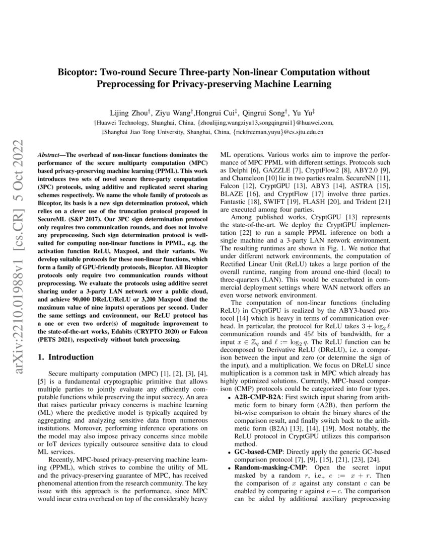 Bicoptor Two Round Secure Three Party Non Linear Computation Without Preprocessing For Privacy