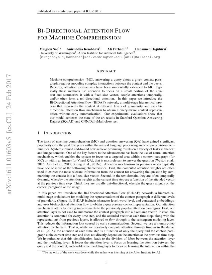 Bidirectional Attention Flow for Machine Comprehension | DeepAI Bidirectional Attention Flow for Machine Comprehension | DeepAI