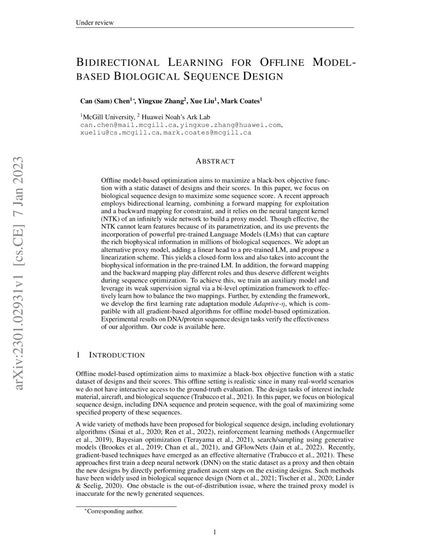 Bidirectional Learning for Offline Model-based Biological Sequence Design | DeepAI