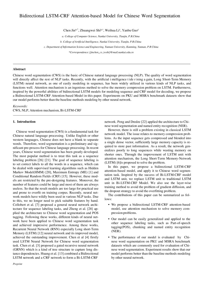 Bidirectional Lstm Crf Attention Based Model For Chinese Word