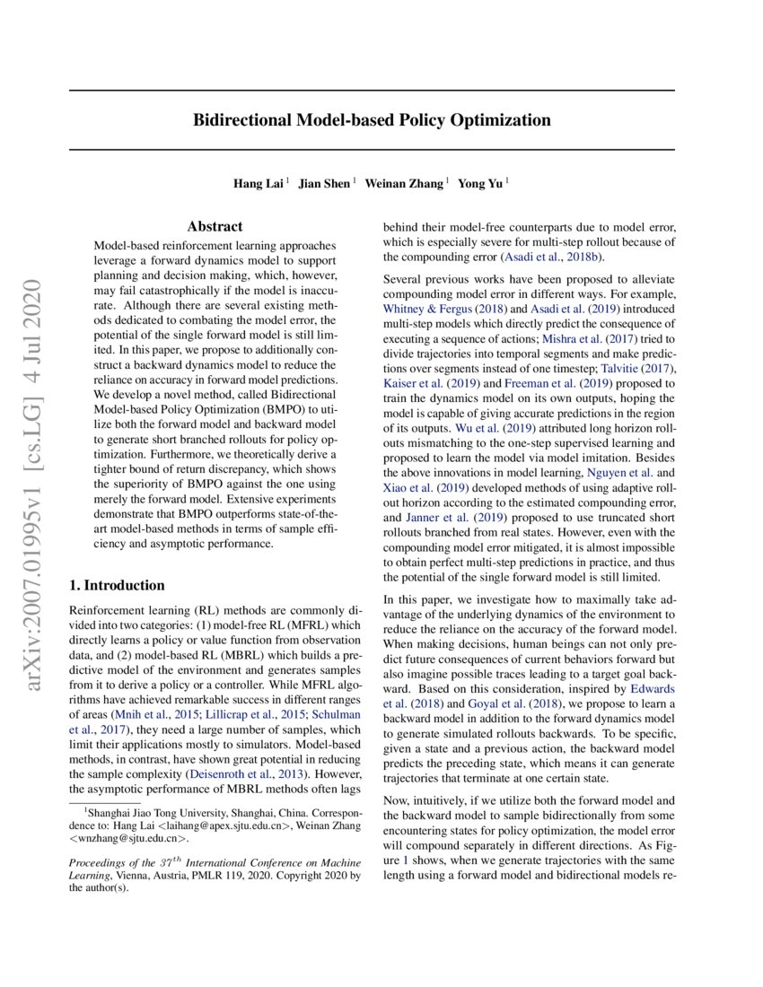 Bidirectional Model-based Policy Optimization | DeepAI