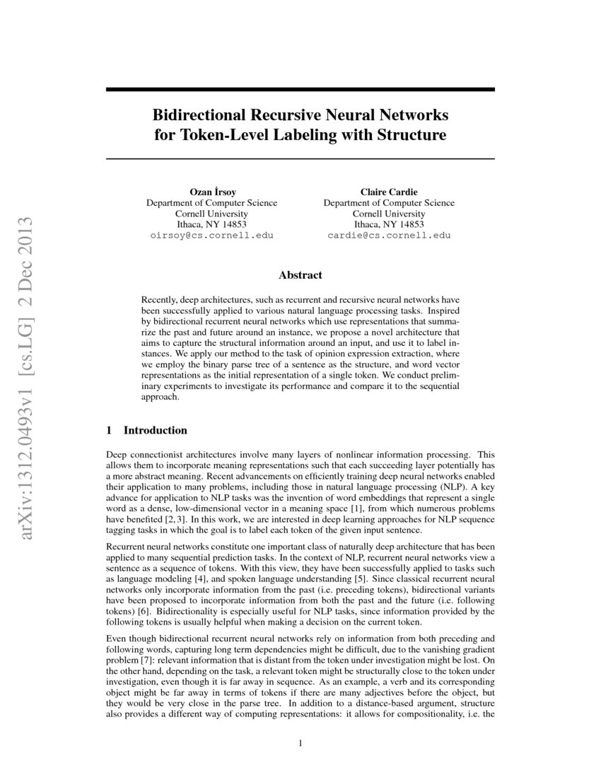 Bidirectional Recursive Neural Networks for Token-Level Labeling with Structure | DeepAI