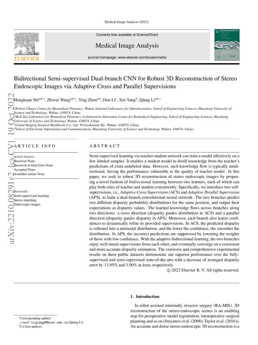 Bidirectional Semi Supervised Dual Branch Cnn For Robust 3d Reconstruction Of Stereo Endoscopic