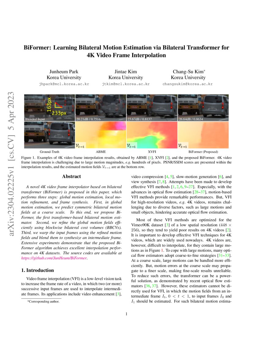 BiFormer: Learning Bilateral Motion Estimation via Bilateral Transformer for 4K Video Frame ...