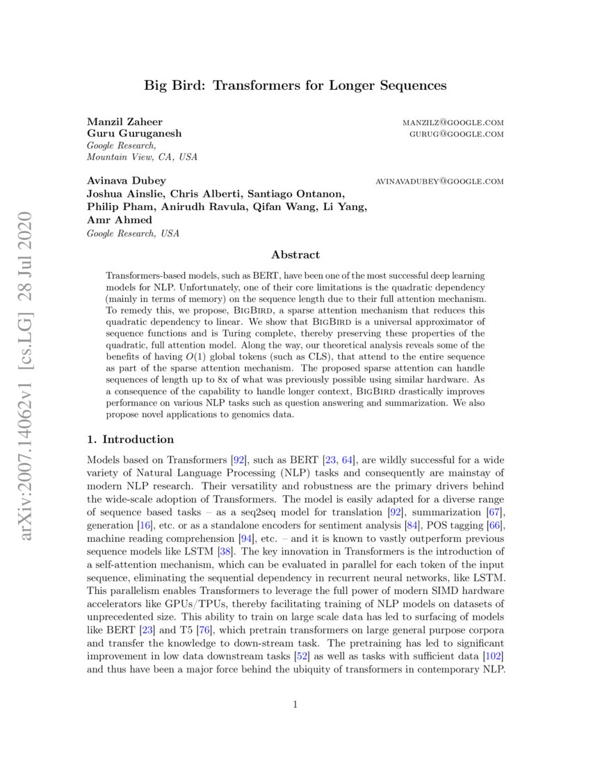 Big Bird: Transformers for Longer Sequences | DeepAI