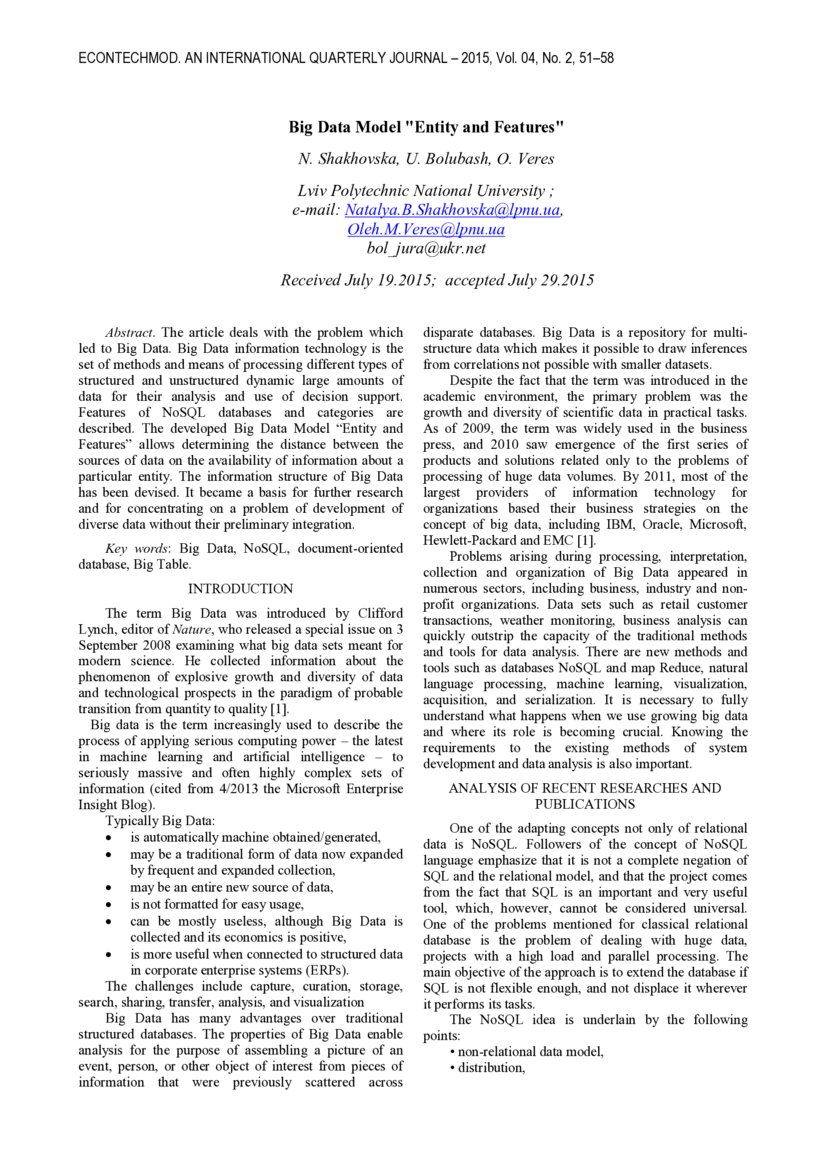 Big Data Model "Entity and Features" | DeepAI