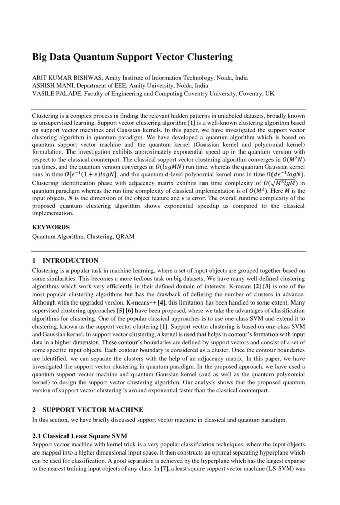 Big Data Quantum Support Vector Clustering Deepai