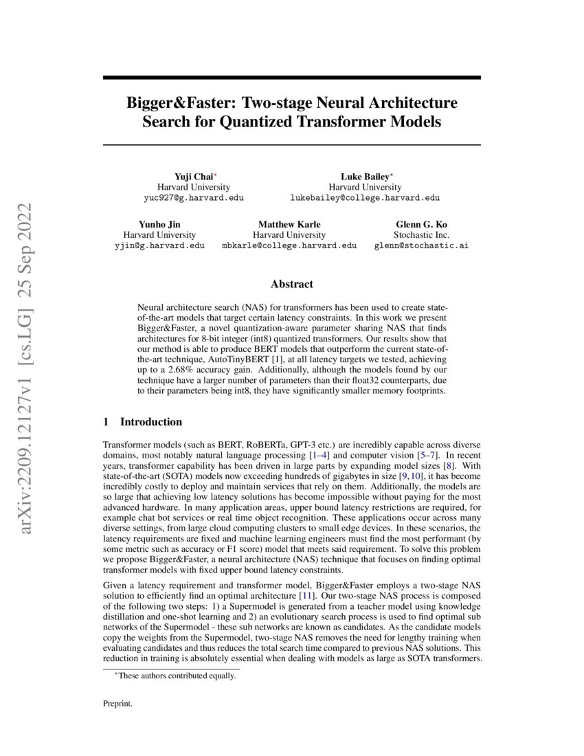 Bigger Faster: Two-stage Neural Architecture Search for Quantized Transformer Models | DeepAI