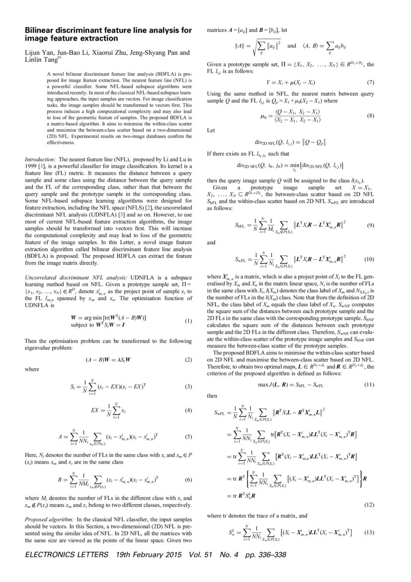 Bilinear discriminant feature line analysis for image feature extraction | DeepAI