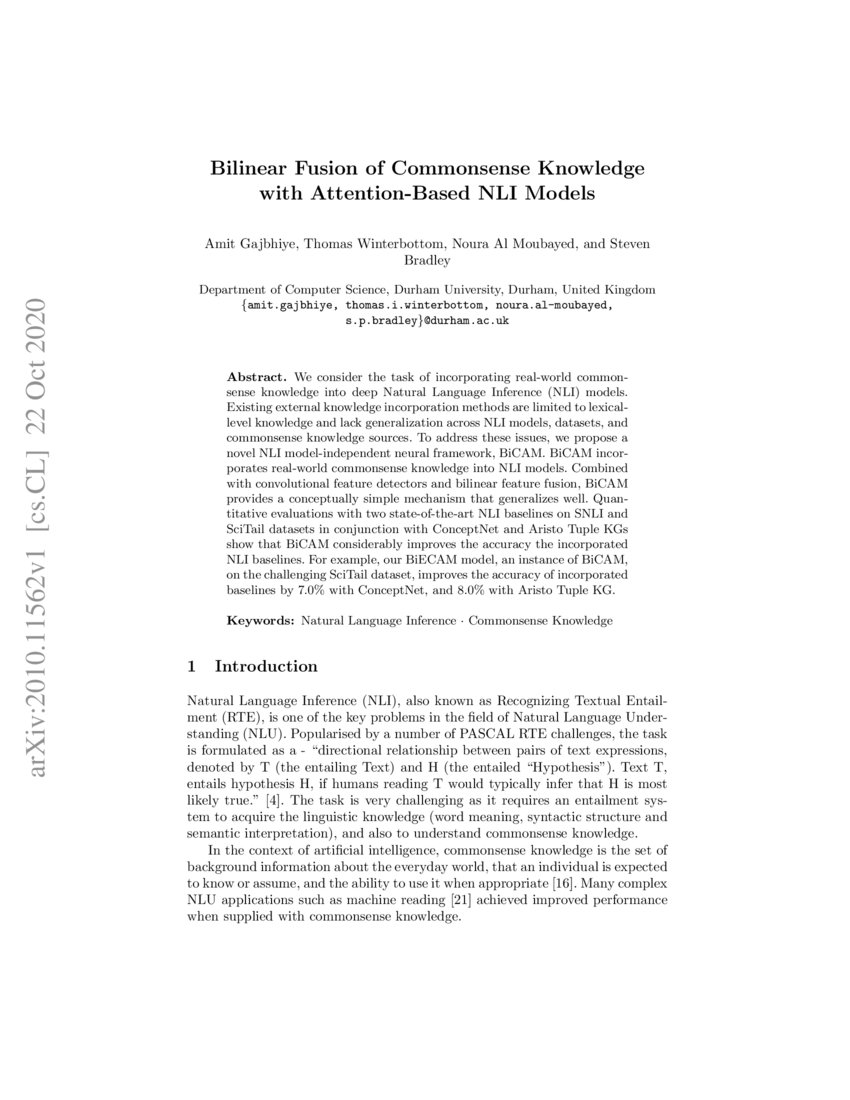 Bilinear Fusion of Commonsense Knowledge with Attention-Based NLI Models | DeepAI