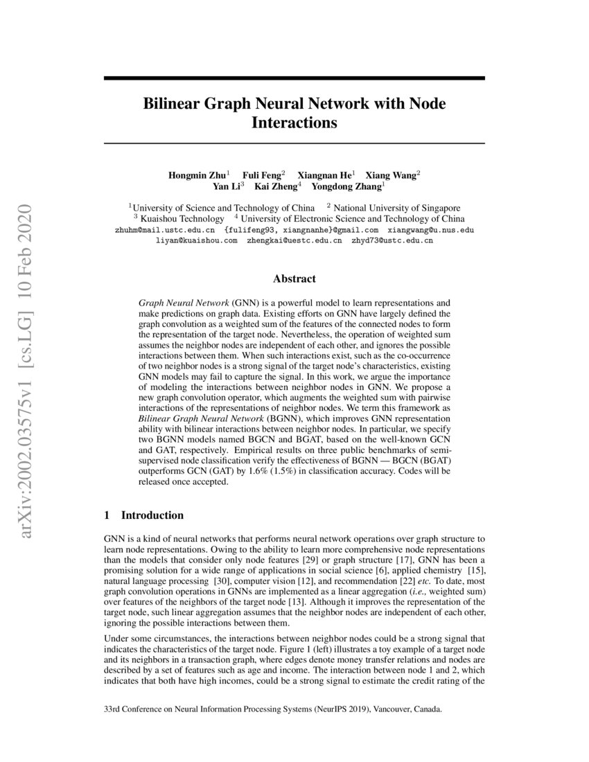 Bilinear Graph Neural Network with Node Interactions | DeepAI