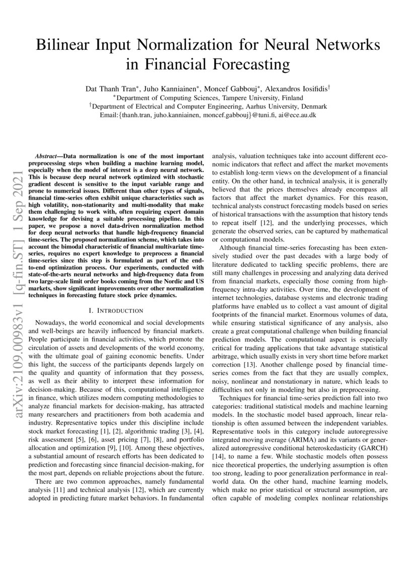 Bilinear Input Normalization for Neural Networks in Financial Forecasting | DeepAI