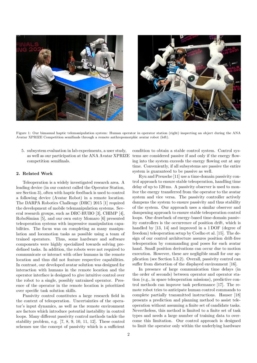 Bimanual Telemanipulation with Force and Haptic Feedback through an Anthropomorphic Avatar ...