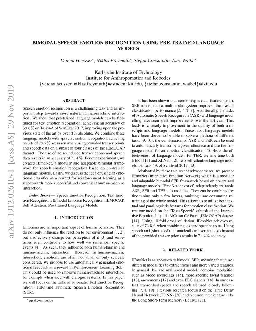 Bimodal Speech Emotion Recognition Using Pre-Trained Language Models | DeepAI
