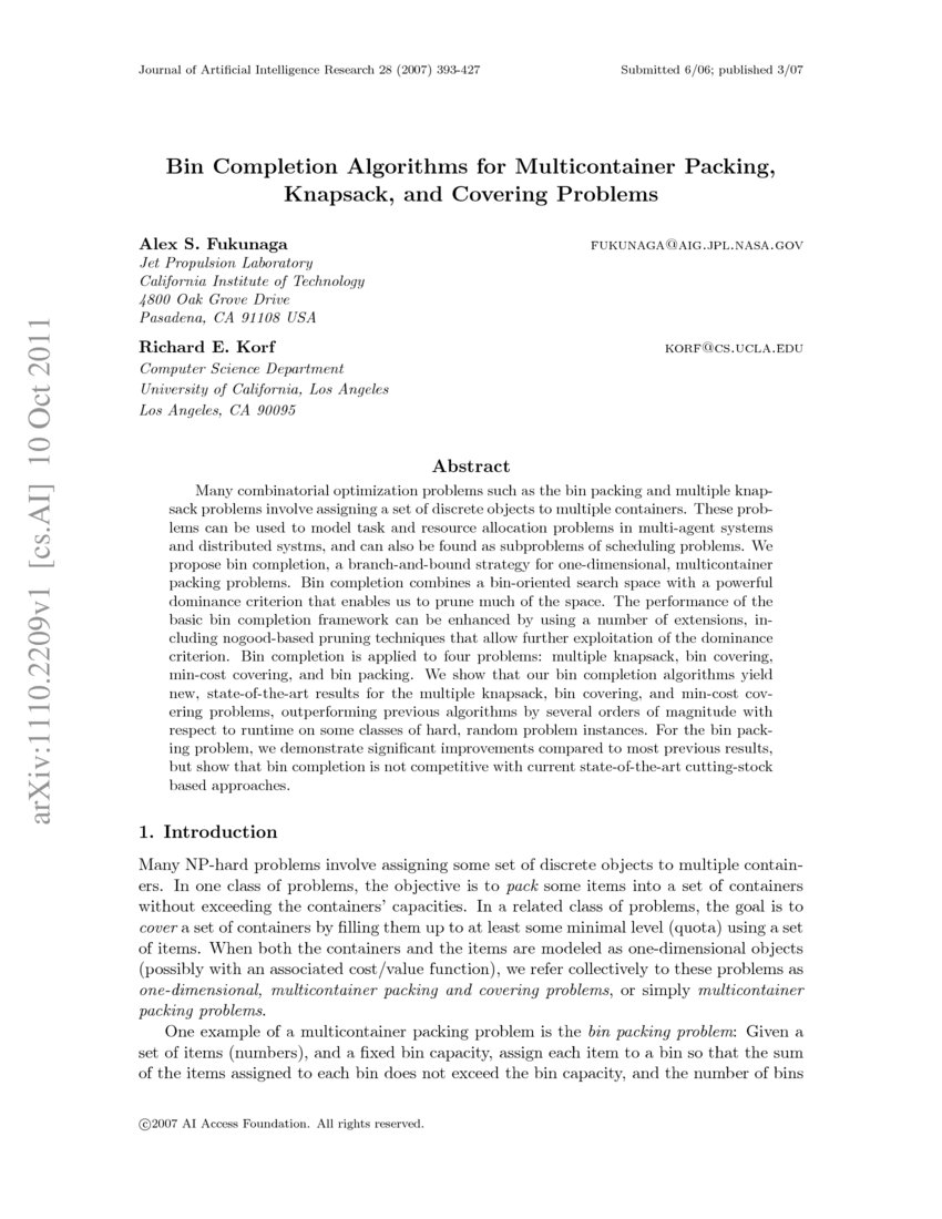 Bin Completion Algorithms For Multicontainer Packing Knapsack And Covering Problems Deepai