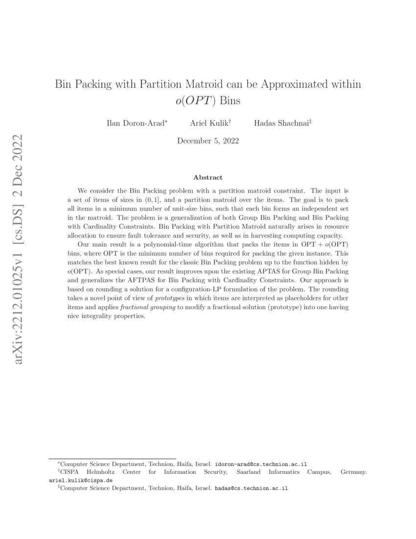 Bin Packing With Partition Matroid Can Be Approximated Within O Opt Bins Deepai