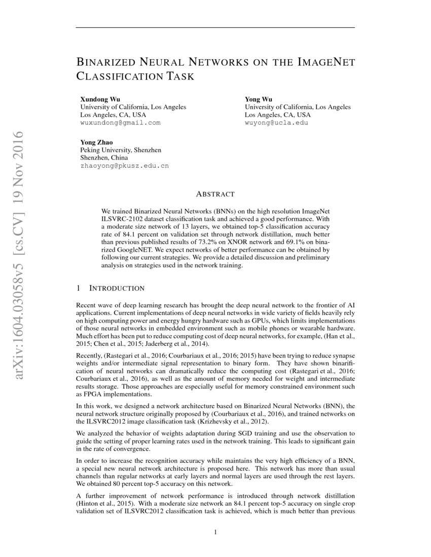 Binarized Neural Networks On The Imagenet Classification Task Deepai