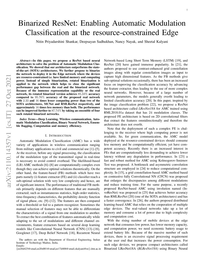 Binarized Resnet Enabling Automatic Modulation Classification At The Resource Constrained Edge