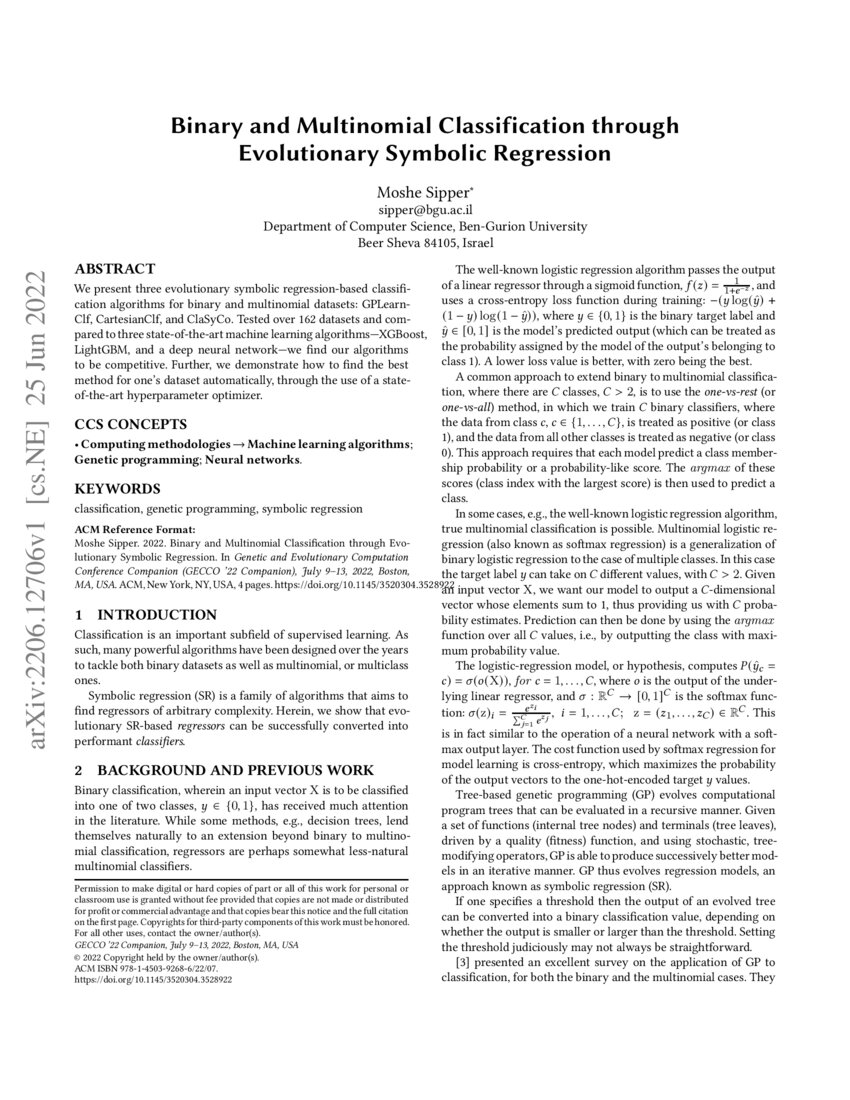 Binary and Multinomial Classification through Evolutionary Symbolic ... Binary and Multinomial Classification through Evolutionary Symbolic ...