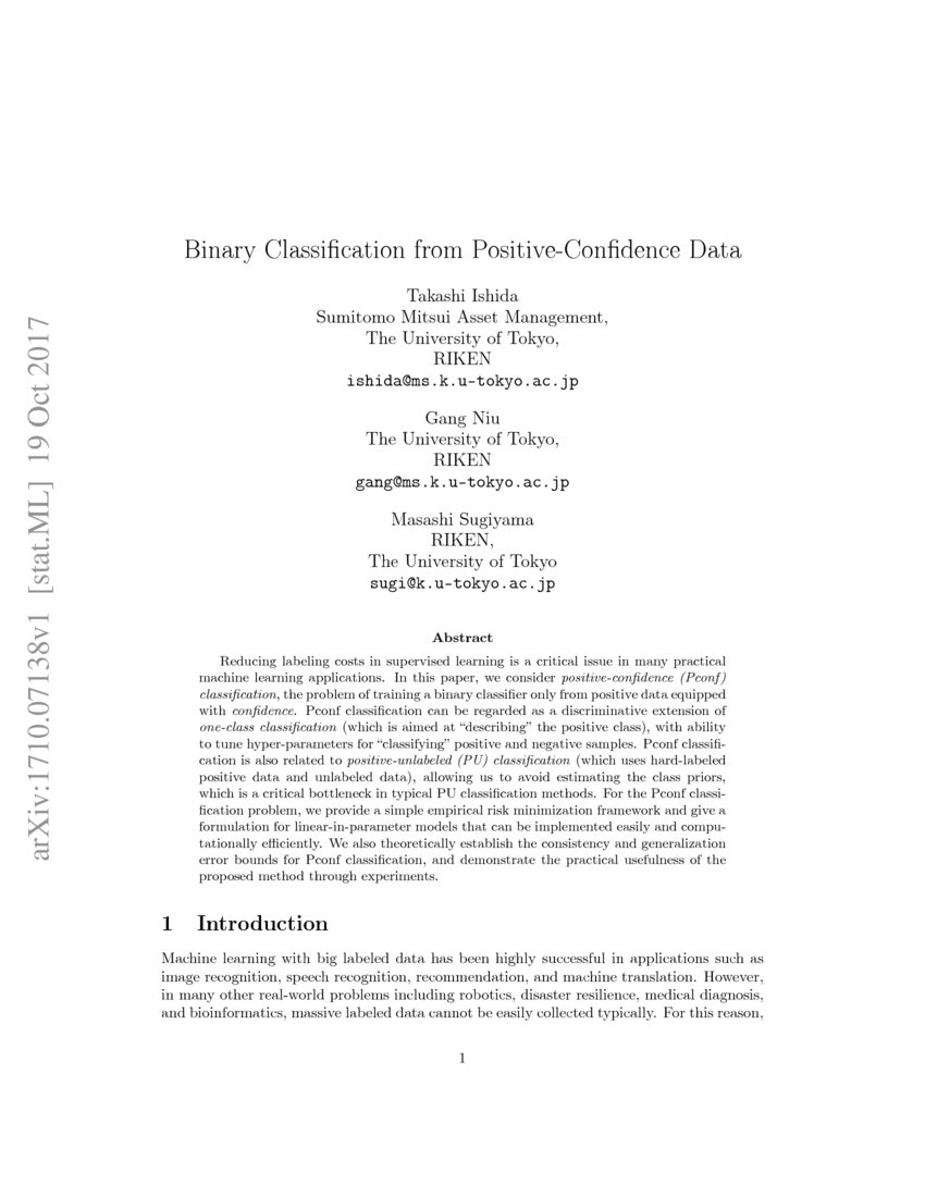 Binary Classification from Positive-Confidence Data | DeepAI Binary Classification from Positive-Confidence Data | DeepAI