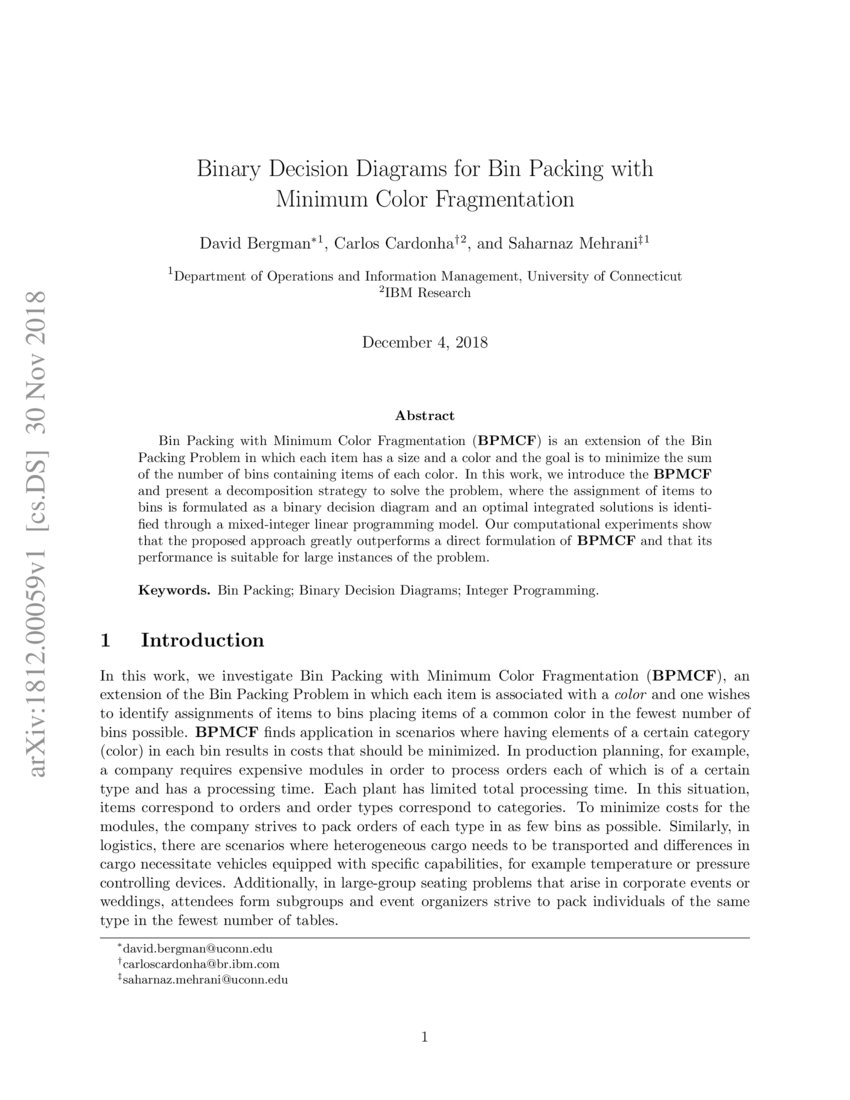 Binary Decision Diagrams for Bin Packing with Minimum Color Fragmentation | DeepAI
